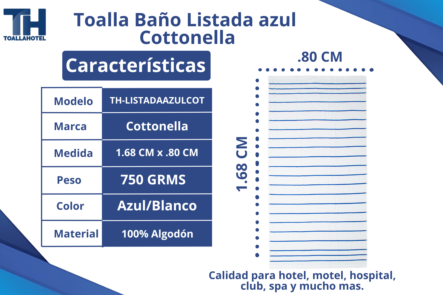 Toallas de baño listadas Fina Azul Ligera 1.68cm x 80cm con 680 gramos ...